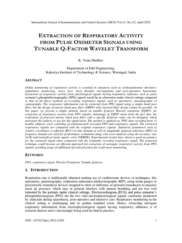 Extraction Of Respiratory Activity From Pulse Oximeter Signals Using