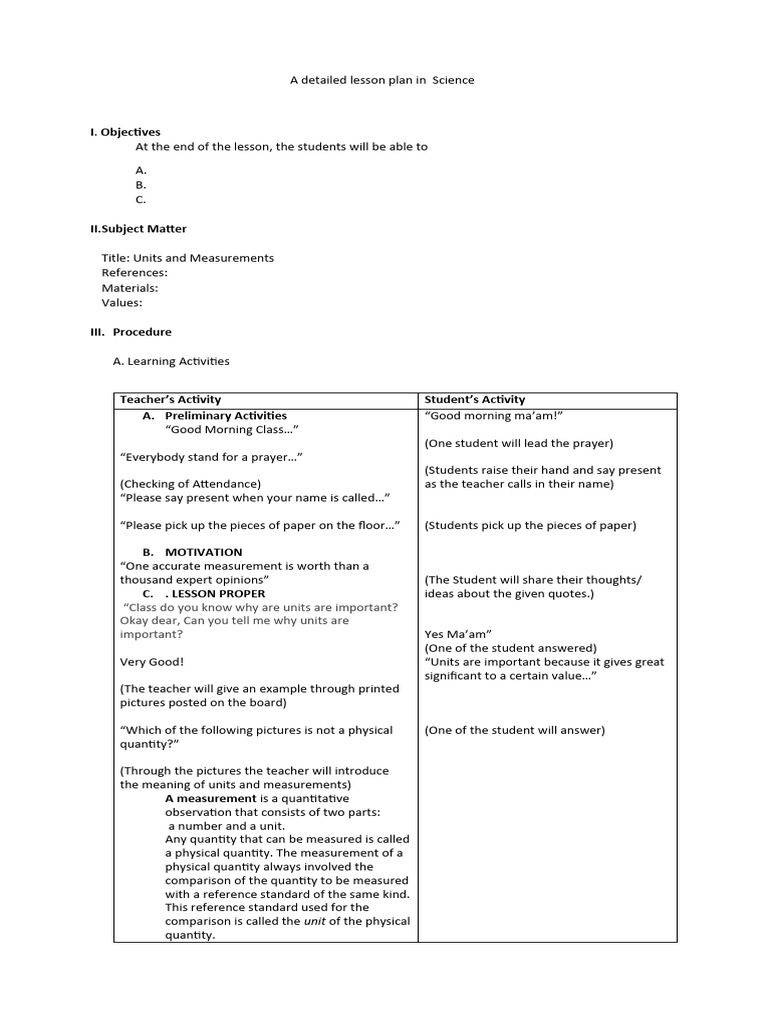 A Detailed Lesson Plan in Science (UNITS and MEASUREMENT) | PDF ...