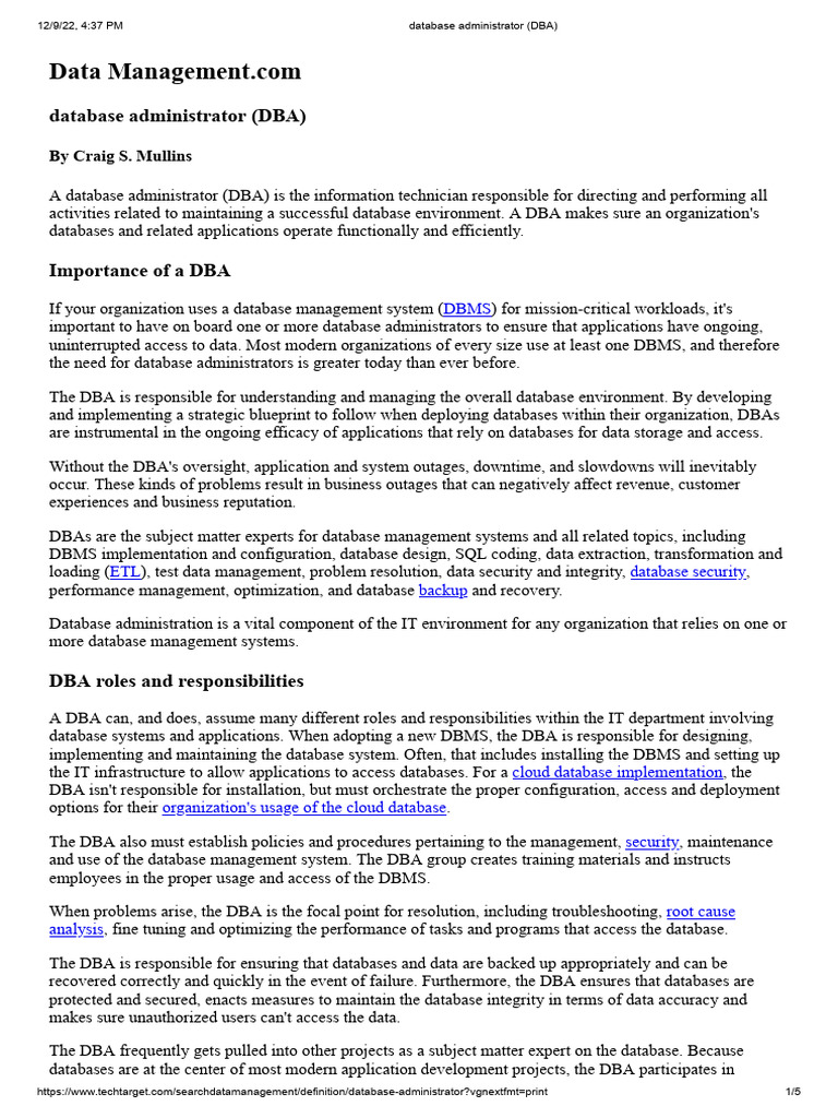 database administrator (DBA) operation plan | PDF | Databases | Data Warehouse