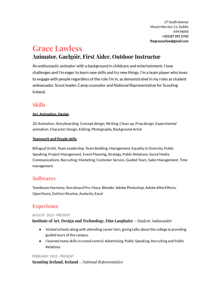 Grace Lawless CV - Animation | PDF
