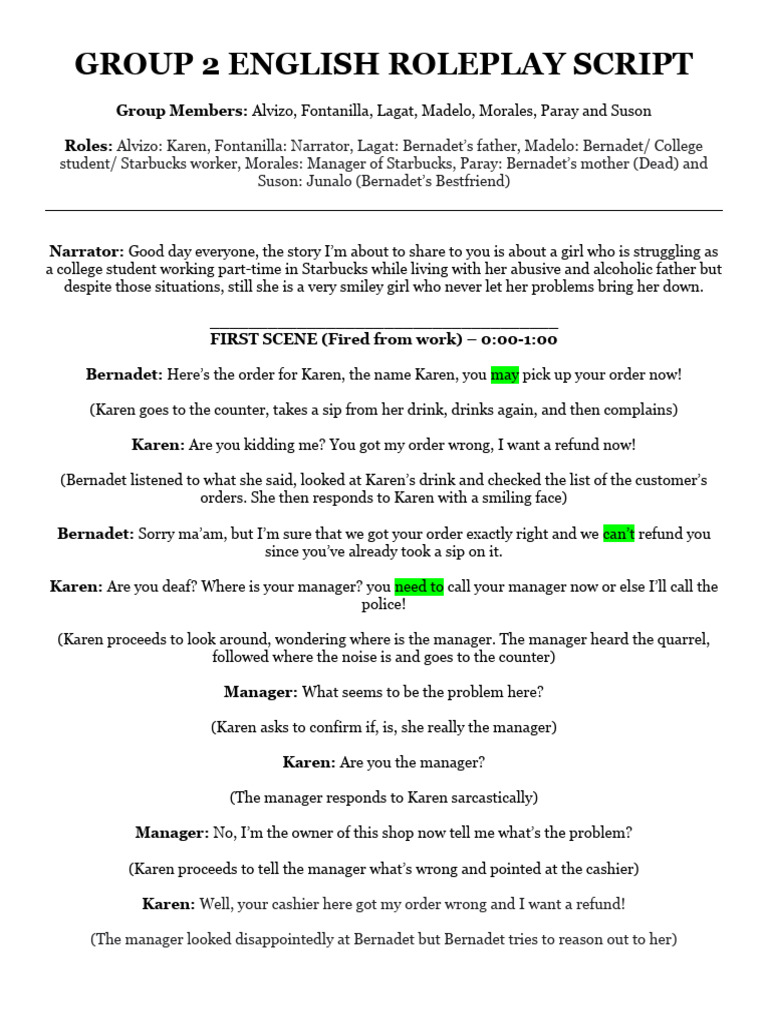 Group 2 English 9 Roleplay Script | PDF