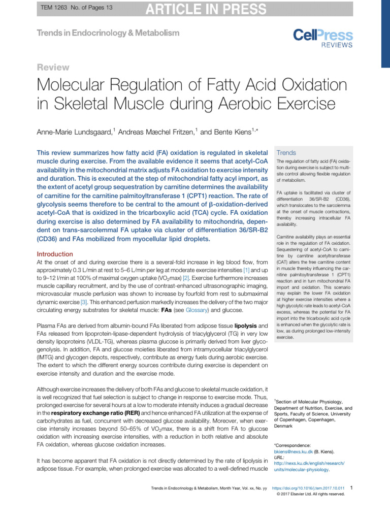 2017-Molecular Regulation of Fatty Acid Oxidation in Skeletal Muscle During Aerobic Exercise | PDF