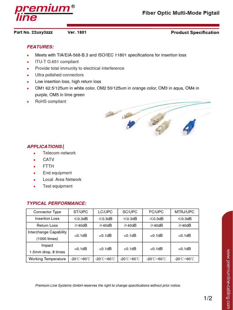 Fiber Optical Pigtail MM UPC Connector V1801 | PDF | Telecommunications ...