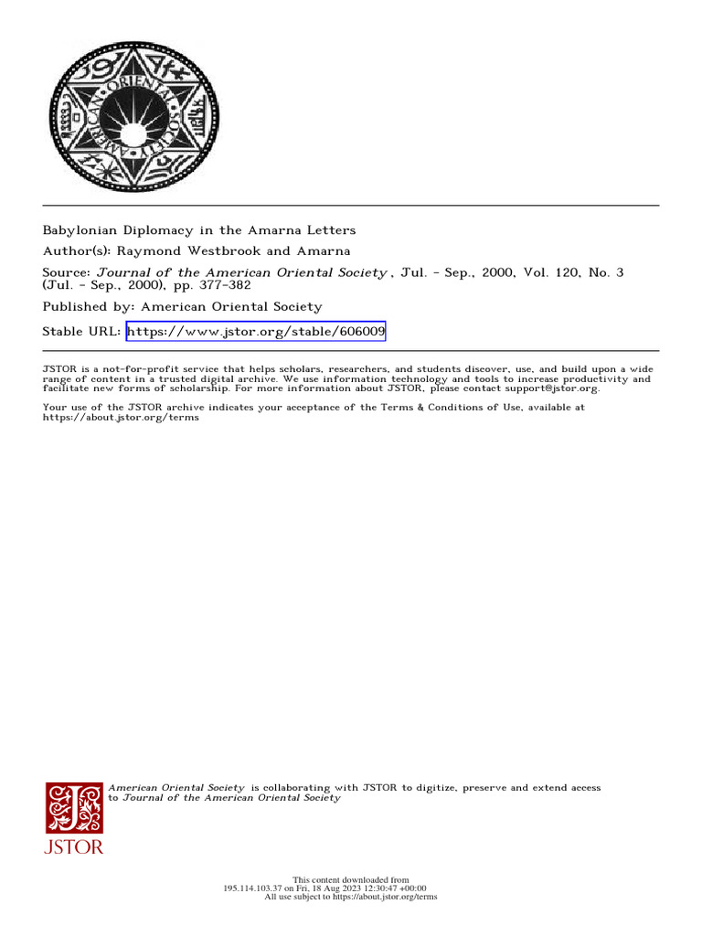 Westbrook, Raymond - Babylonian Diplomacy in The Amarna Letters | PDF ...