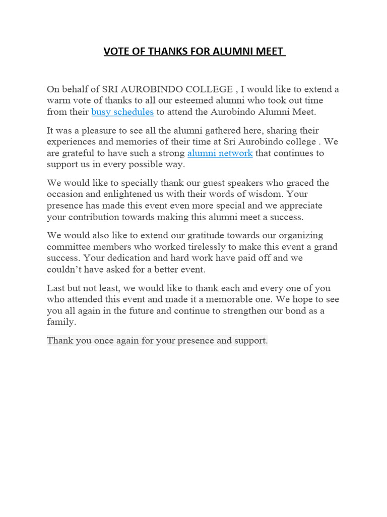 VOTE OF THANKS FOR ALUMNI MEET | PDF