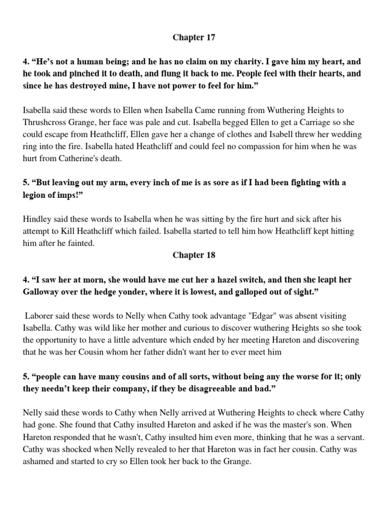 Wuthering Heights Second Term Chapters 17 To 27 Correct Answers | PDF ...