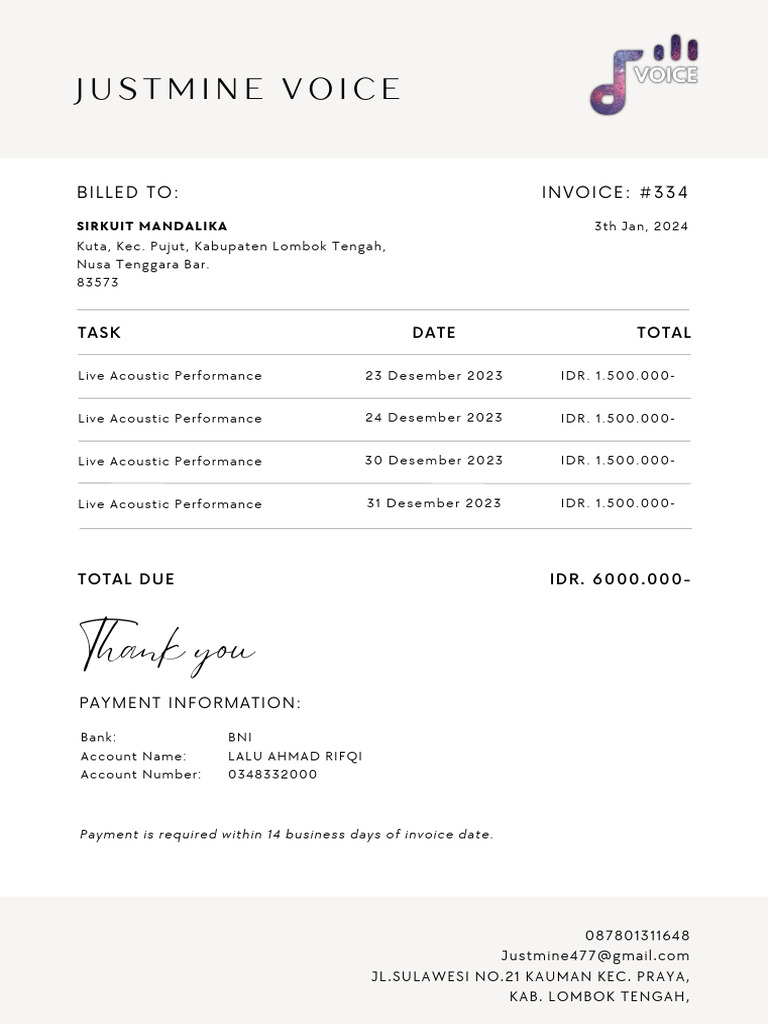 Contoh invoice jasa pengisi musik | PDF