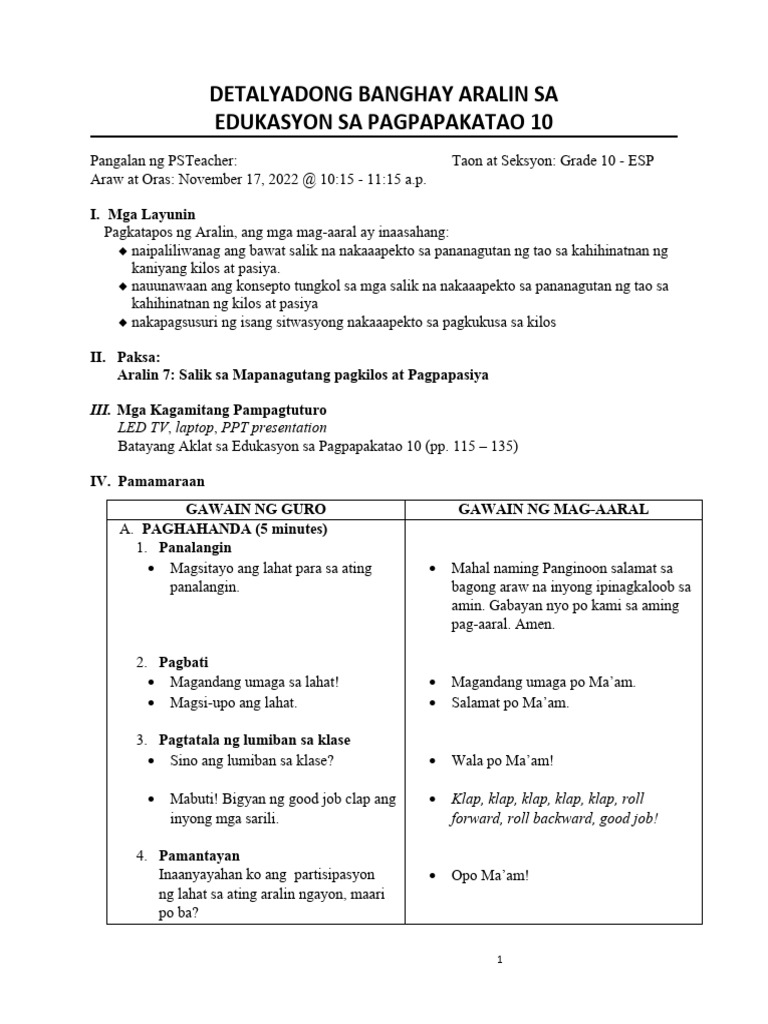 Detailed Lesson Plan Esp 10 | PDF