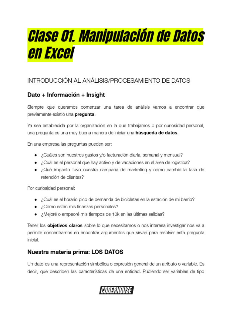 Guión Clase 1 - Manipulación de Datos en Excel | Descargar gratis PDF | Microsoft Excel | Hoja ...