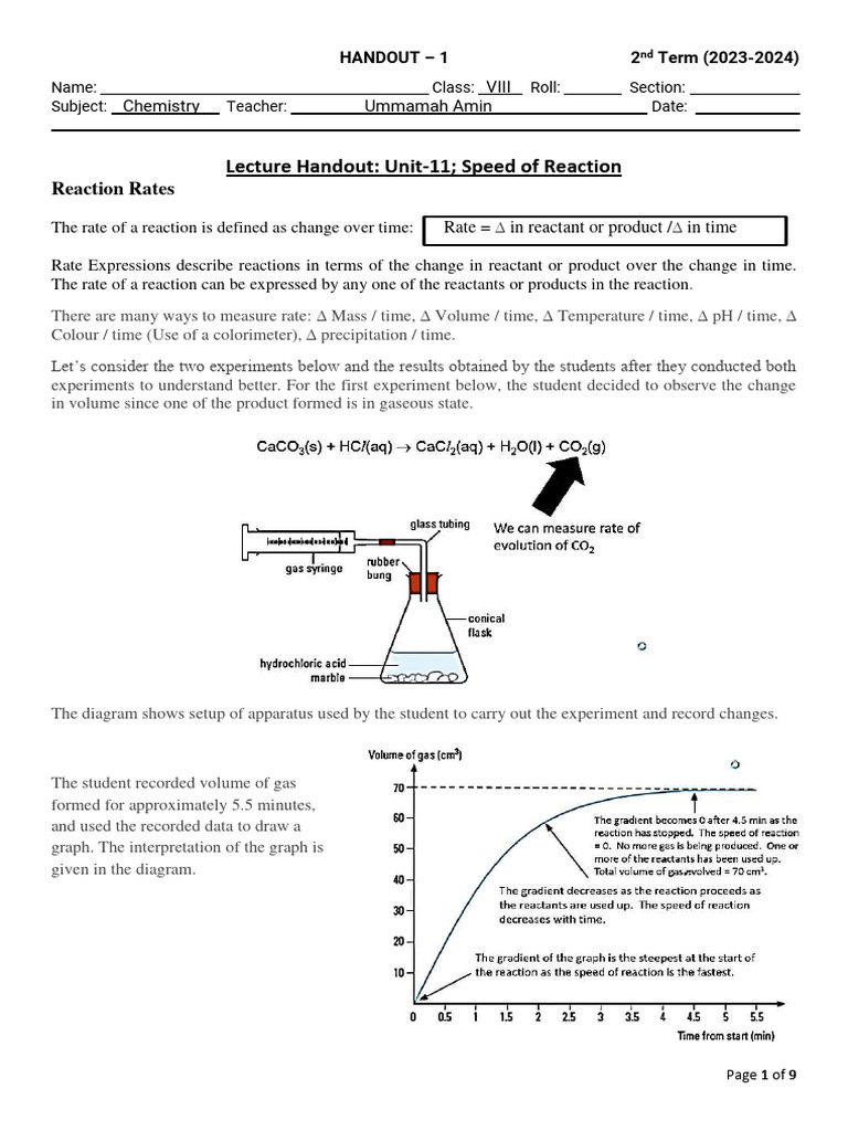 VIII-Chemistry-HO-1-Rate of Reaction Lecture | PDF | Reaction Rate | Enzyme