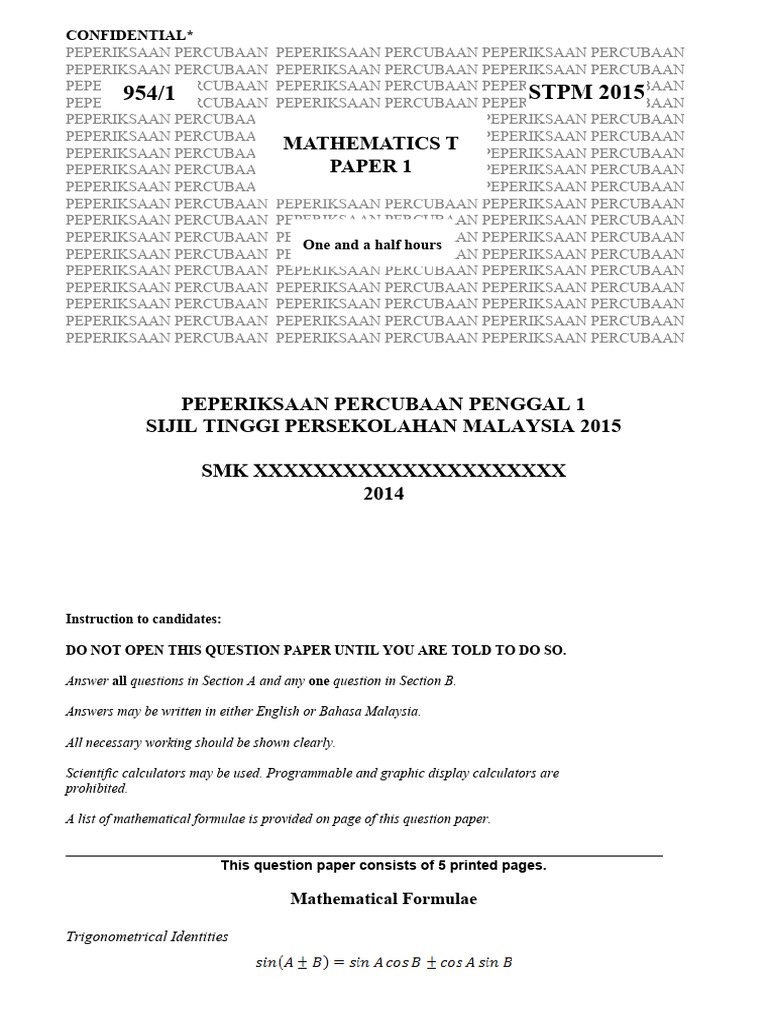 STPM 2015 Mathematics Trial Exam Paper | PDF | Equations | Mathematics