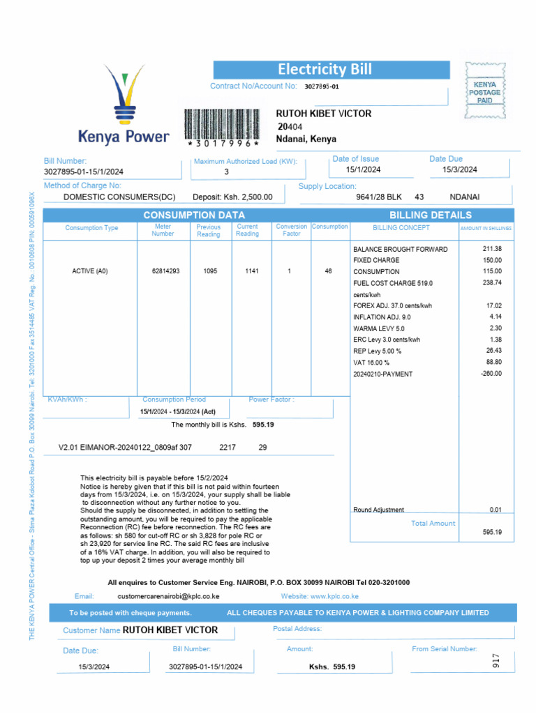 Kenya Power Electricity Bill Example | PDF | Value Added Tax | Cheque