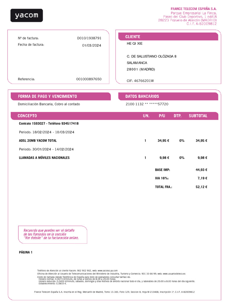 Utility Bills-France-Yacom Telecom Utility Bill PDF | PDF | Internet ...