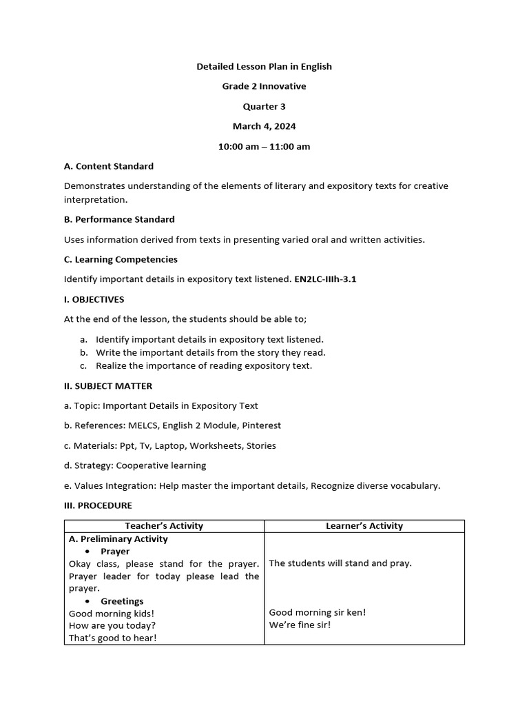 Expository Text Lesson Plan for Grade 2 | PDF | Lesson Plan | Cognition