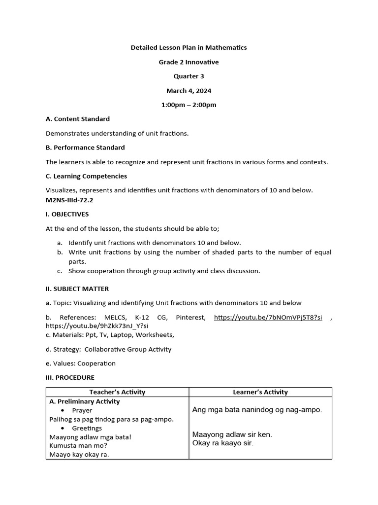 DLP Math2 Fraction. | PDF | Lesson Plan | Division (Mathematics)