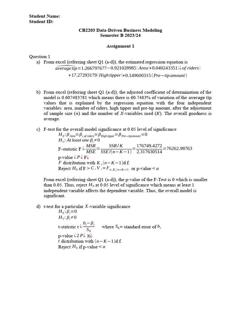 CB2203 Data-Driven Business Modeling Analysis | PDF | F Test ...