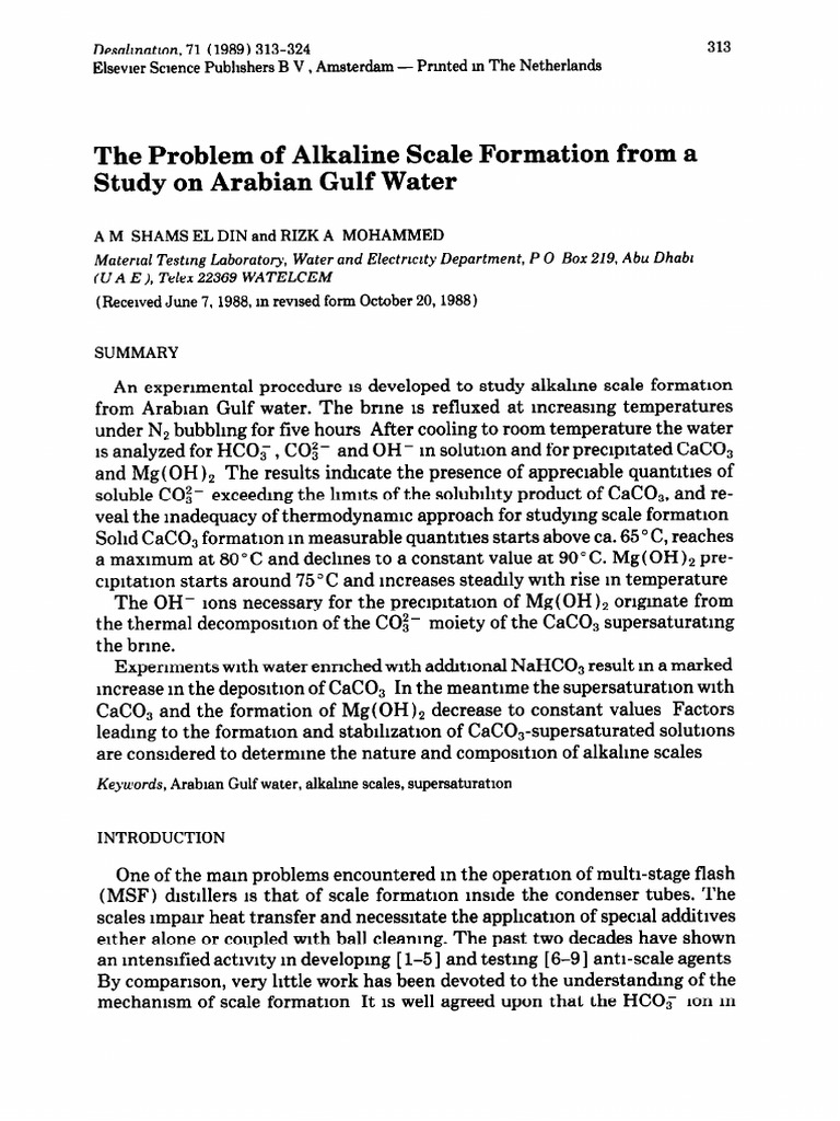 Alkaline Scale Formation in Arabian Gulf Water | PDF | Ph | Water