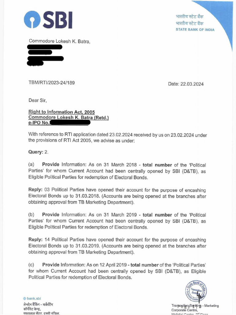 SBI (D&TB) Responses Dated 22-03-2024 On 02 Separate RTIs | PDF