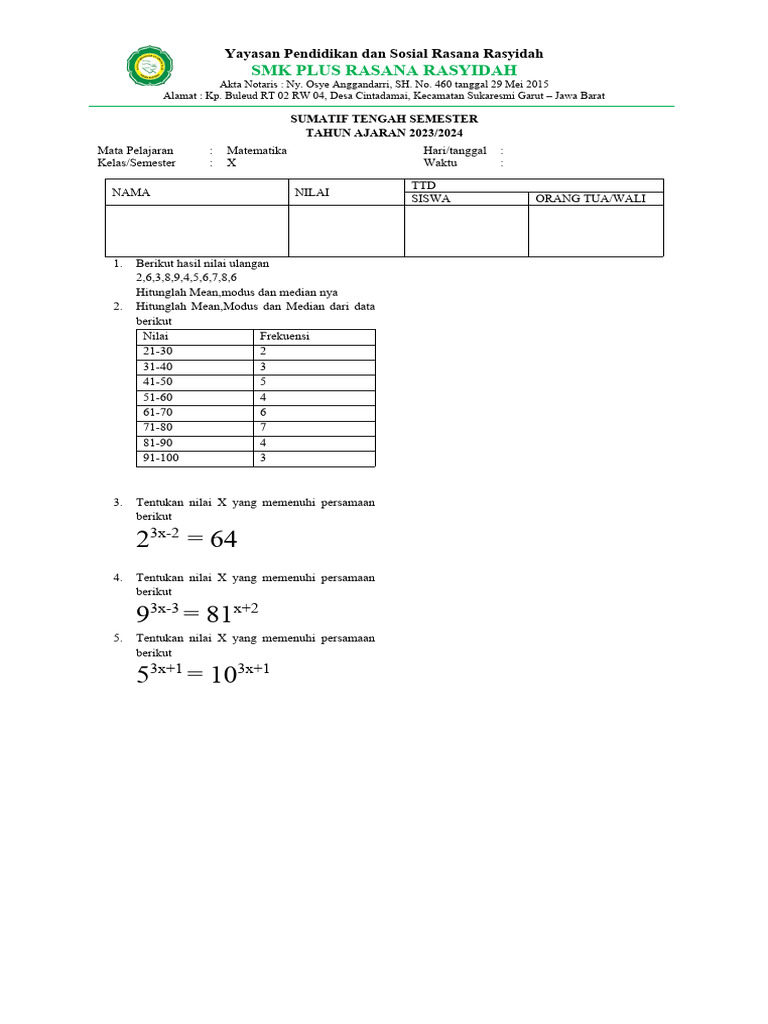 RR-SMK - Soal MTK X STS Ta 23.24 | PDF