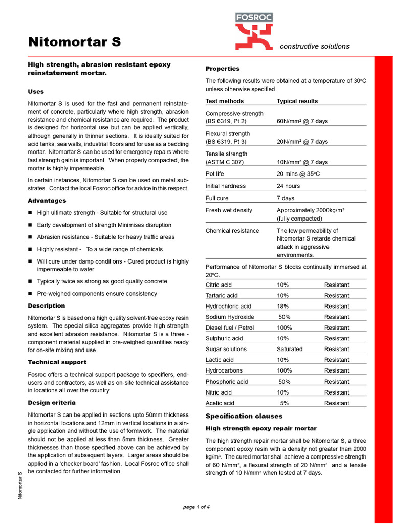TDS - Nitomortar S | PDF | Epoxy | Concrete