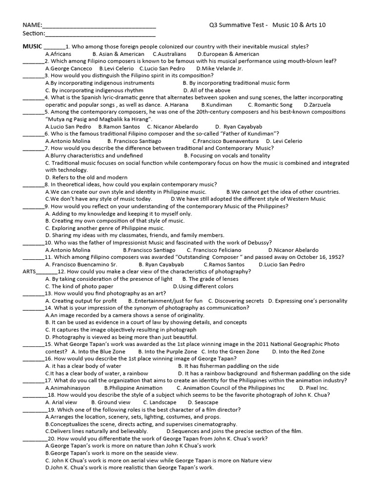 Q3 Test: Music & Arts 10 Review | PDF | Musical Compositions | Textiles