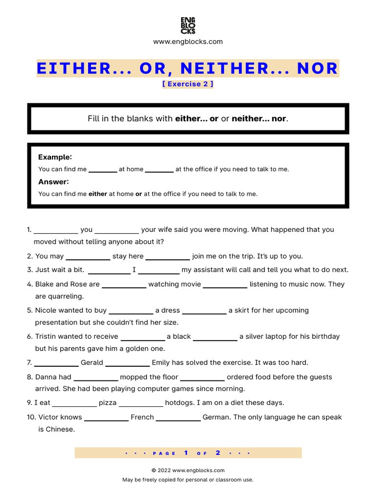 Either or Neither Nor Exercise 2 | PDF