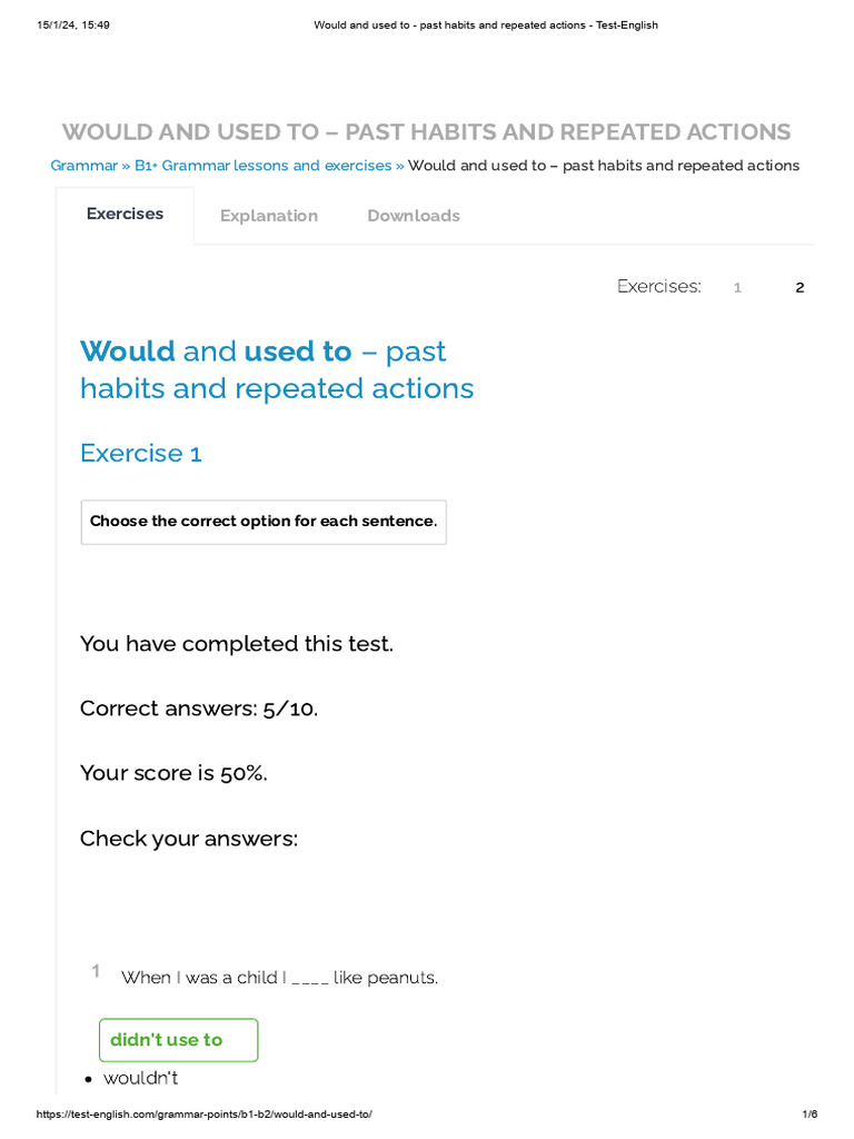 Would and Used To - Past Habits and Repeated Actions - Test-English | PDF