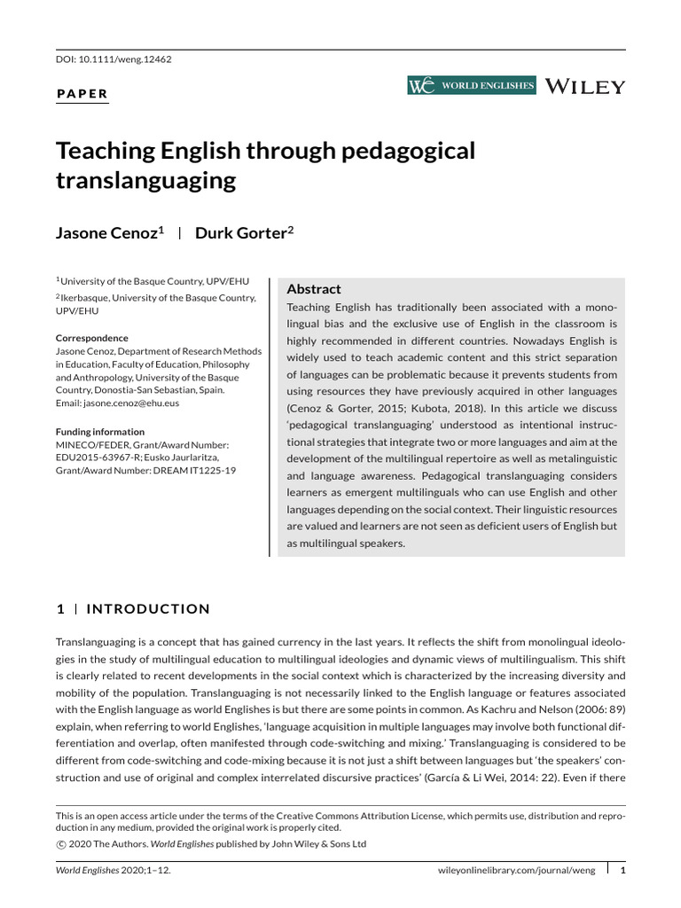 Teaching English Through Pedagogical Translanguaging by Jason Cenoz and ...