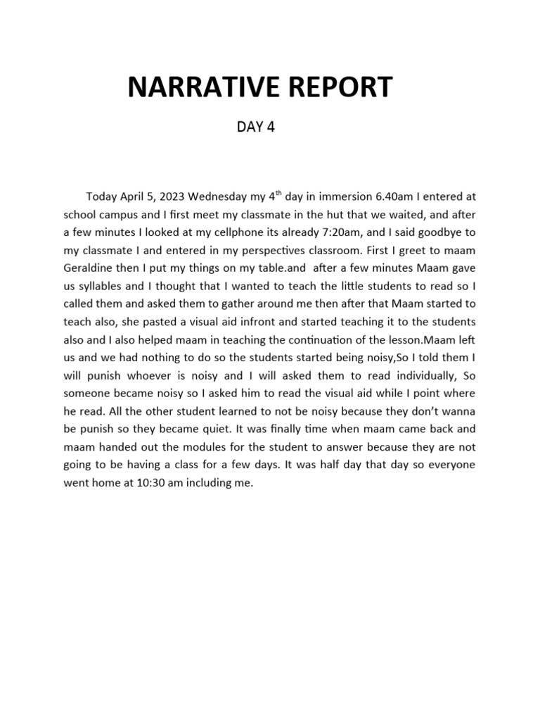 NARRATIVE REPORT Day 4 | PDF NARRATIVE REPORT Day 4 | PDF