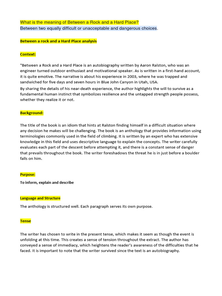 Between A Rock and A Hard Place Analysis | PDF | Experience | Verb