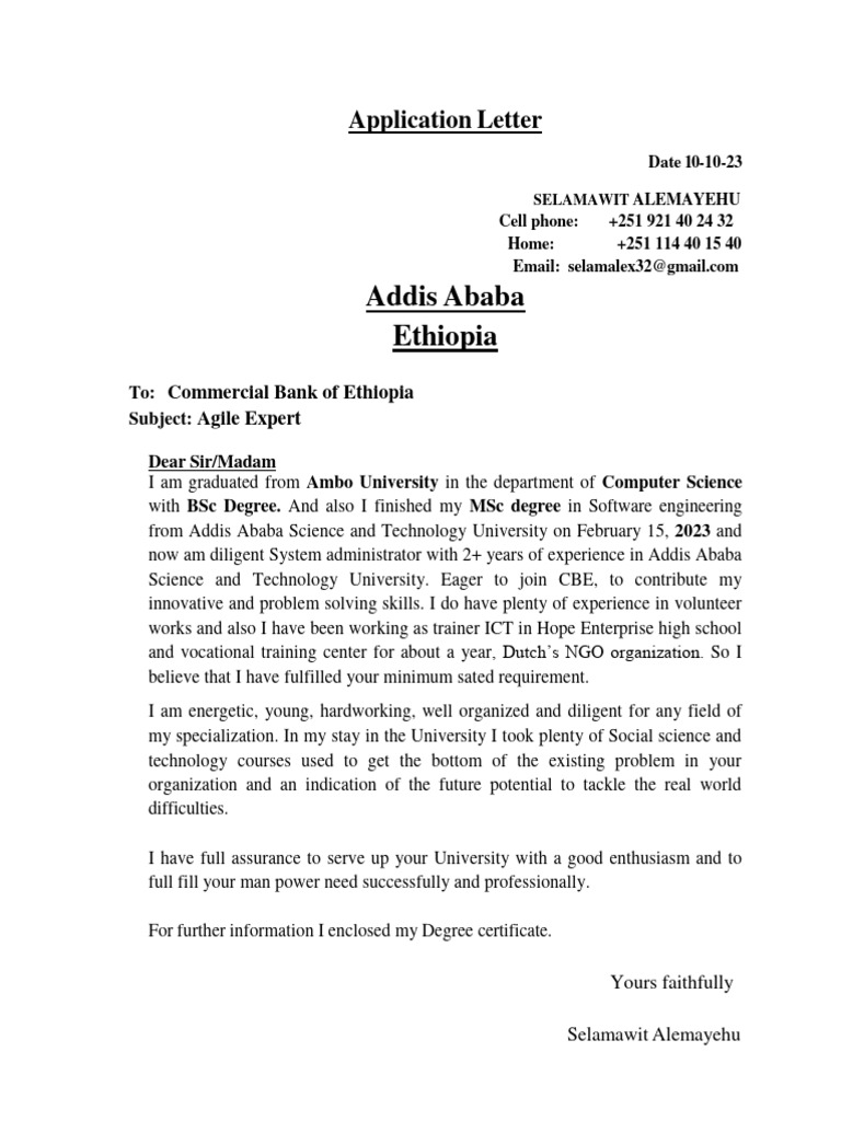 Addis Ababa Ethiopia: Application Letter | Download Free PDF ...