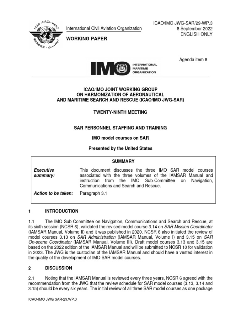ICAO-IMO JWG-SAR-29-WP.3 - IMO Model Courses On SAR (United States ...