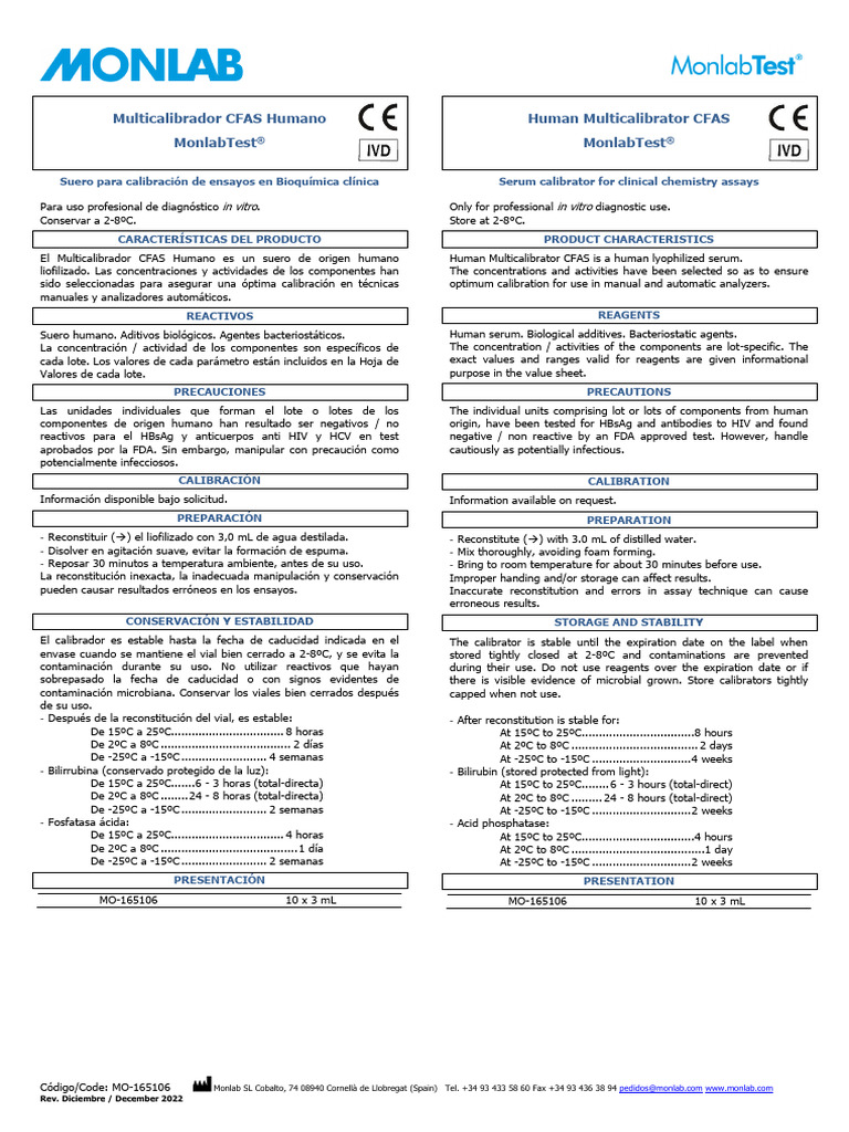 IFU Multicalibrador CFAS MonlabTest | PDF