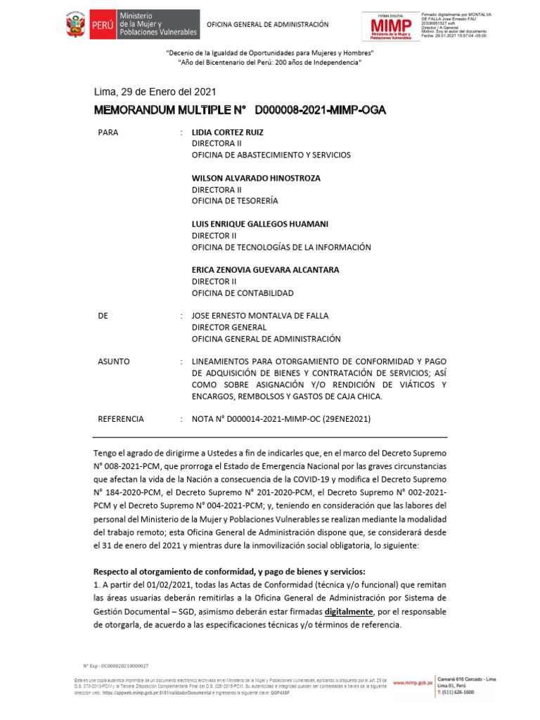 MEMORANDUM MULTIPLE-D000008-2021-MIMP-OGA - Lineamientos | Descargar gratis PDF | Gestión de ...