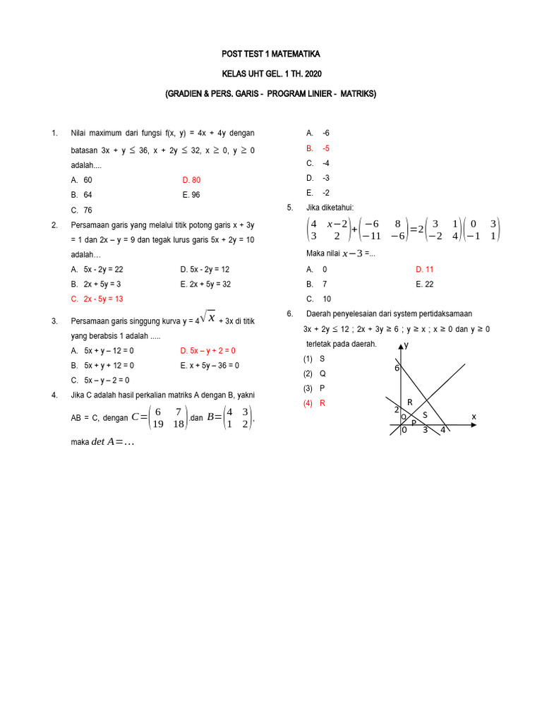 Post Test 1 Mat KLS Uht Gel 1 Tahun 2020 (Gradien & Pers Garis - Prolin ...