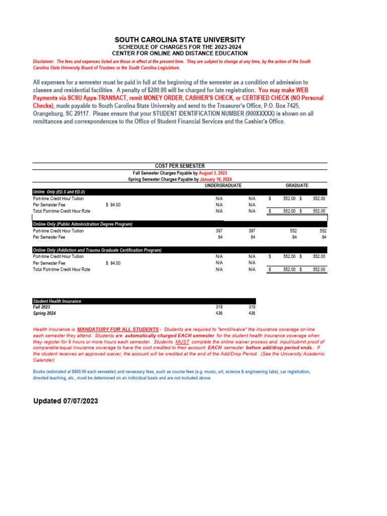 2023 2024 Online Fee Sheet - Final | PDF | Fee | Course Credit