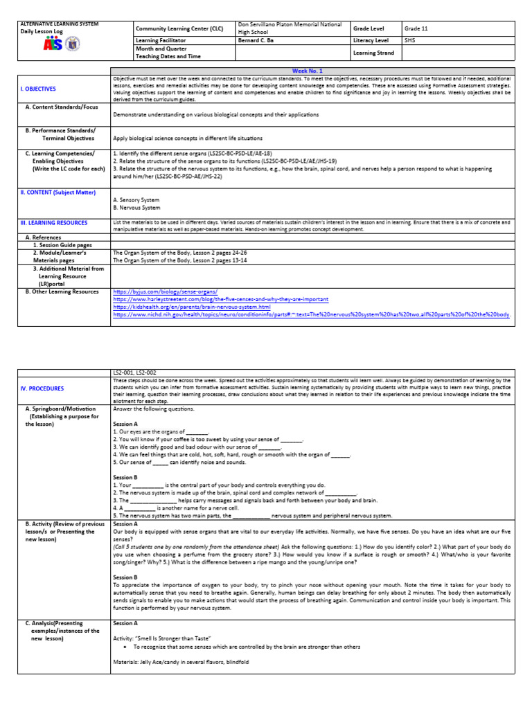 WLL - LS2 - week 1 | PDF | Senses | Learning