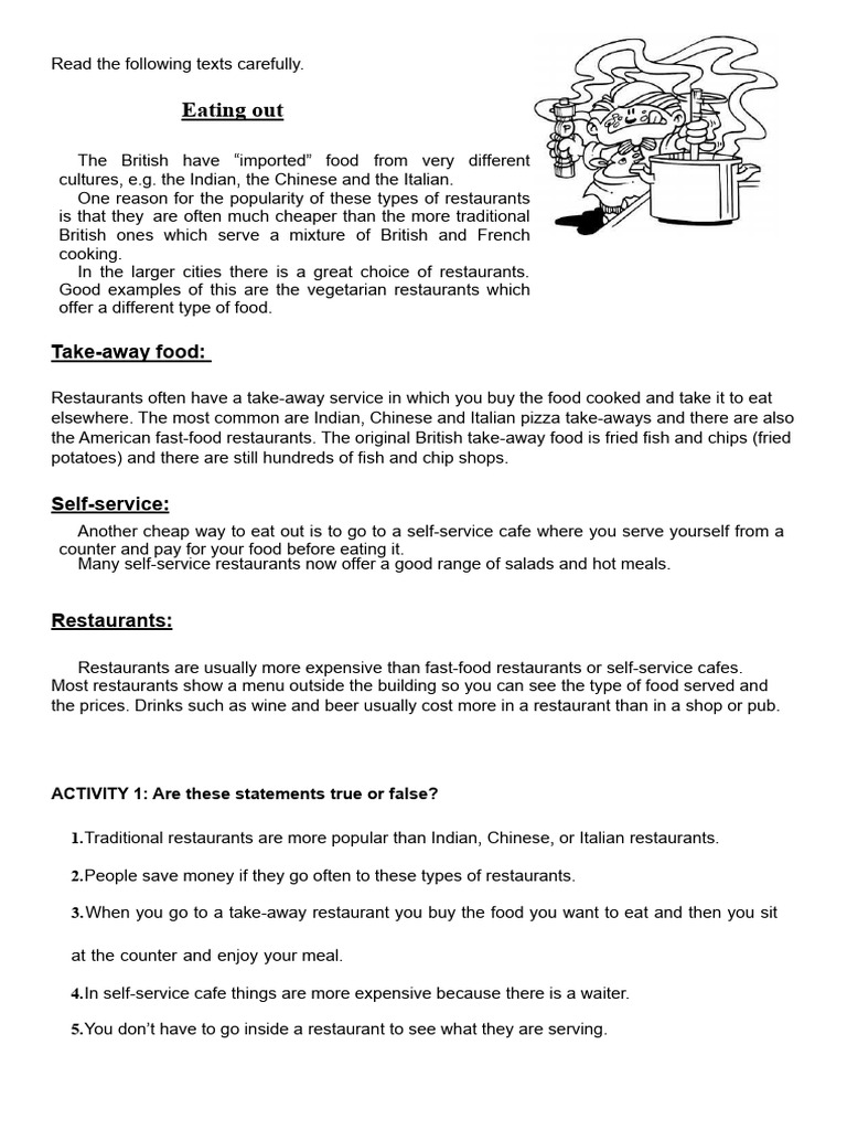 Reading Comprehension Eating Out 6to | PDF