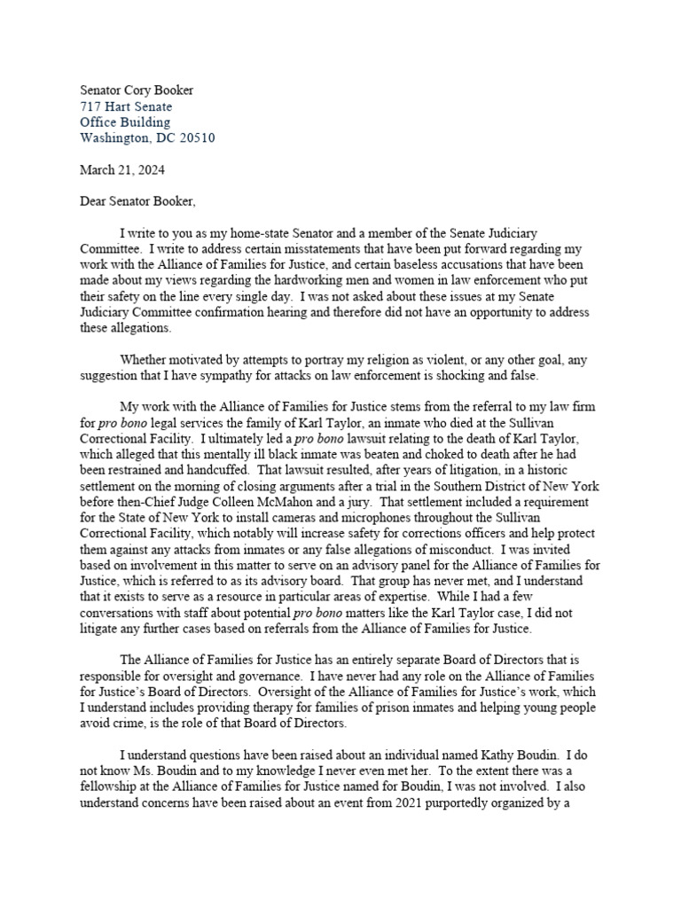 Adeel Mangi letter to Cory Booker 3/21/24 | PDF | Lawsuit | Justice