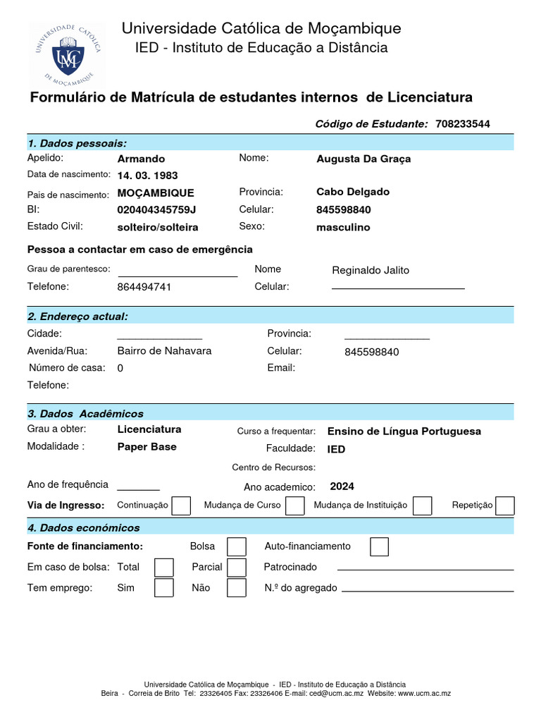 Formulario de Matricula Da Dona Augusta UCM 2024 | PDF | Educação à ...