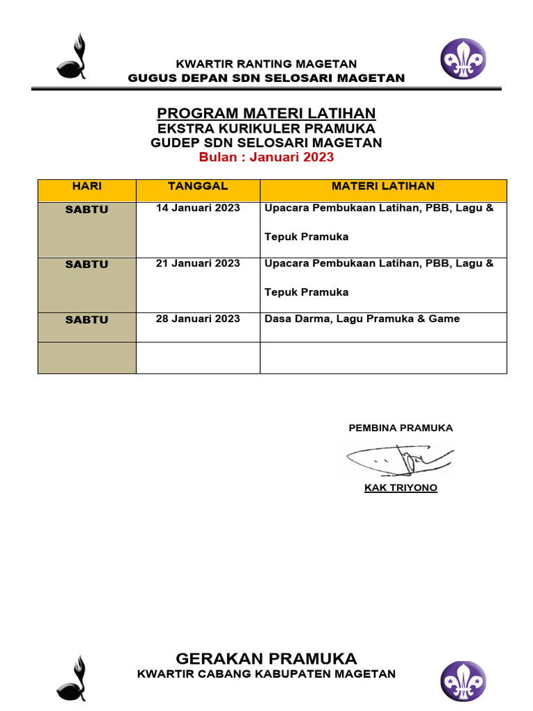 Proker Materi Pramuka Mei-Desember 2023 | PDF