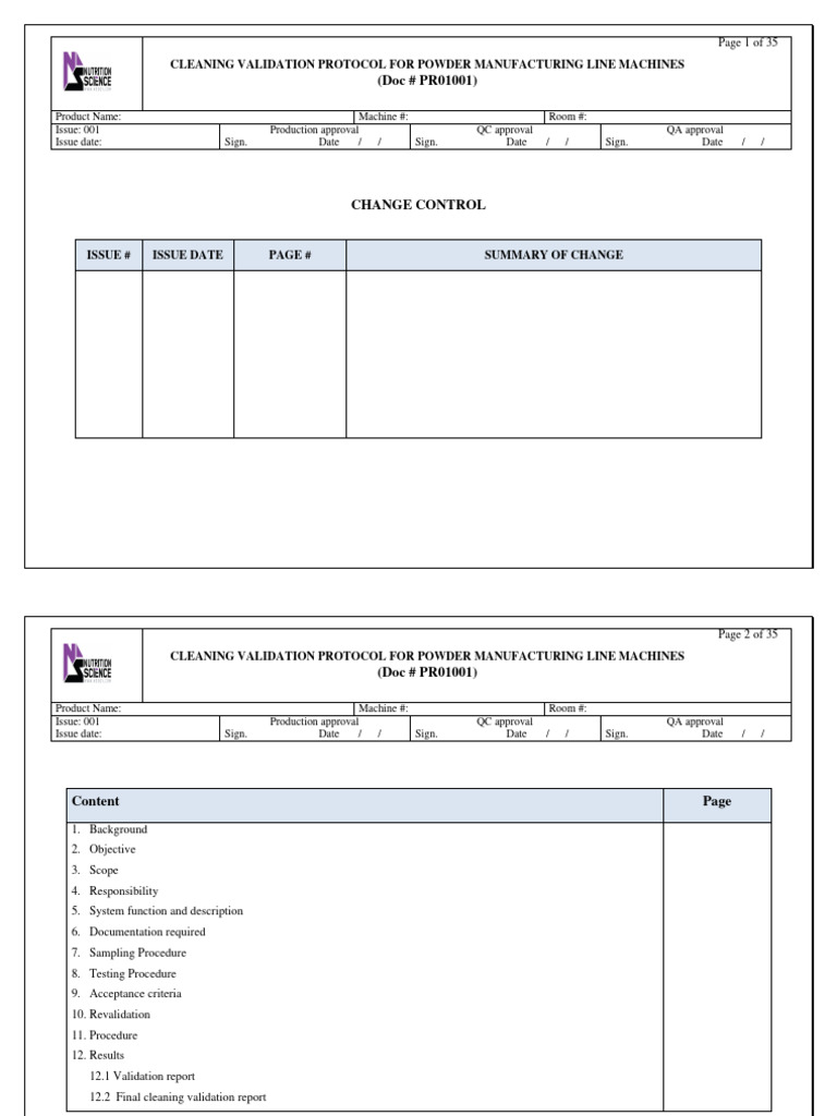 Cleaning Validation Protocol Powder Manufacturing Line-1 | PDF ...