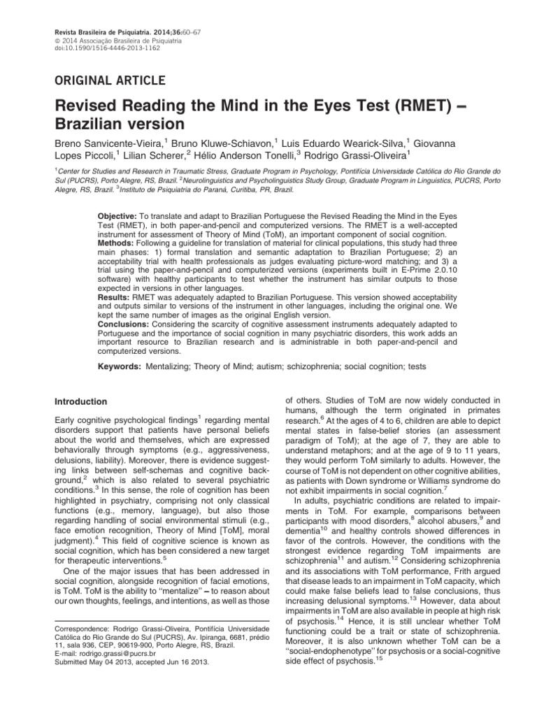 Sanvicente-Vieira (2014) Brasilian Verison 2 Revised Reading The Mind | PDF | Theory Of Mind ...