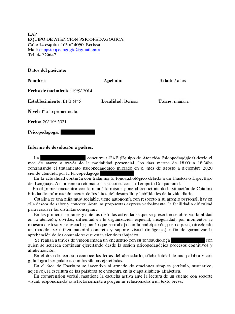 Informe de Devolucion A Padres | Descargar gratis PDF | Palabra | Cognición