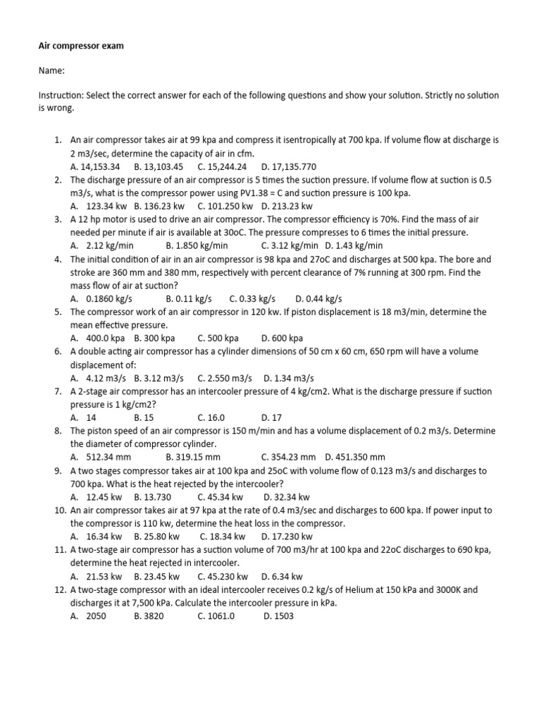 Air Compressor Quiz Exam | PDF