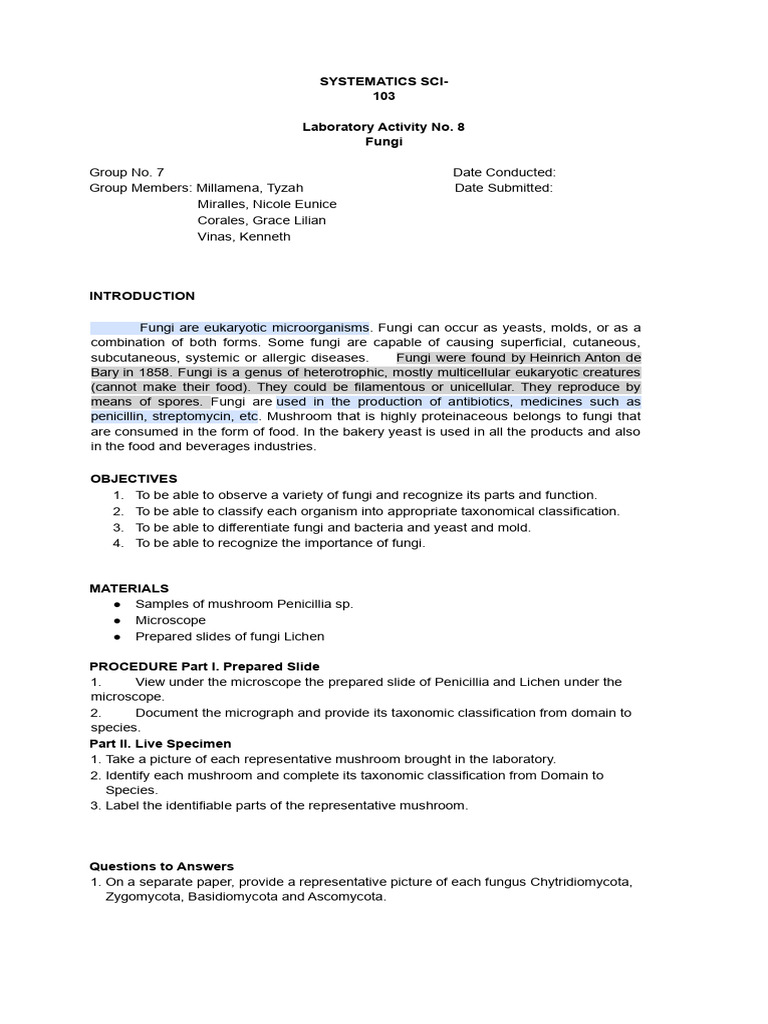 SCI-103 Lab8 Fungi | PDF | Fungus | Cell (Biology)