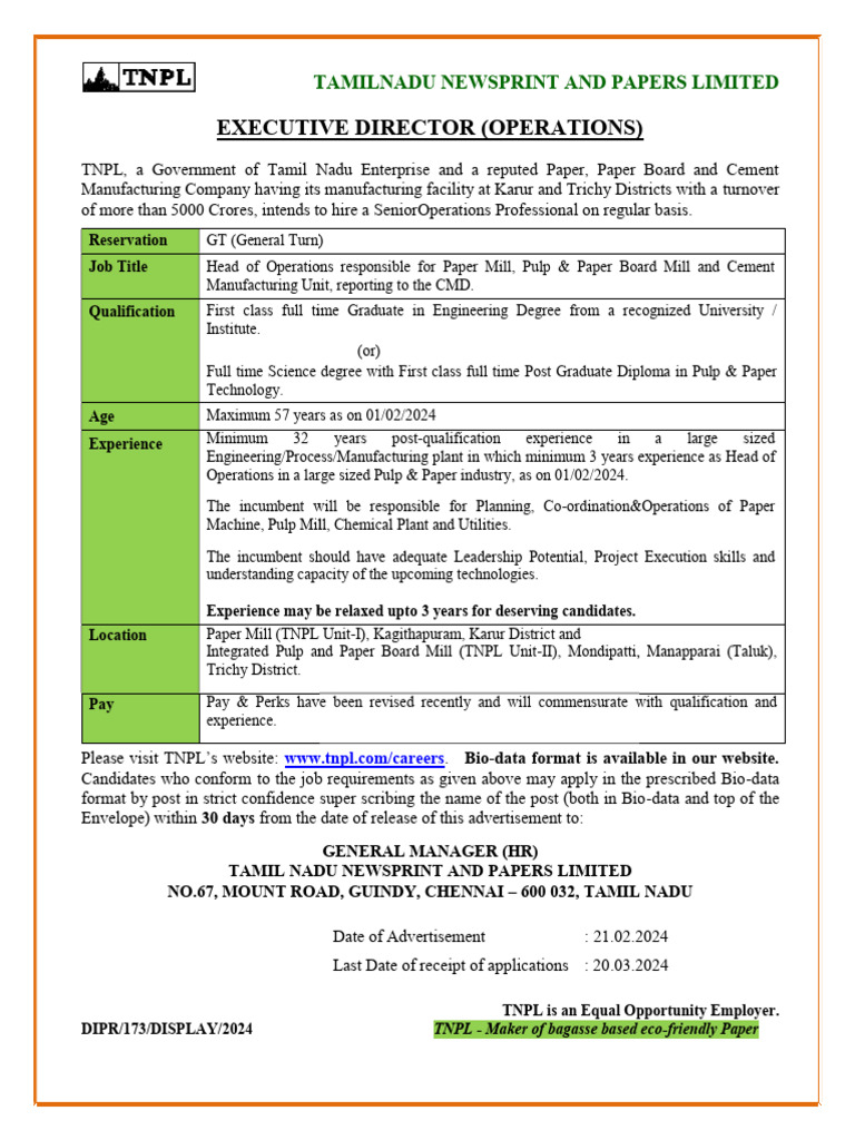 TNPL Executive Director Operations | PDF