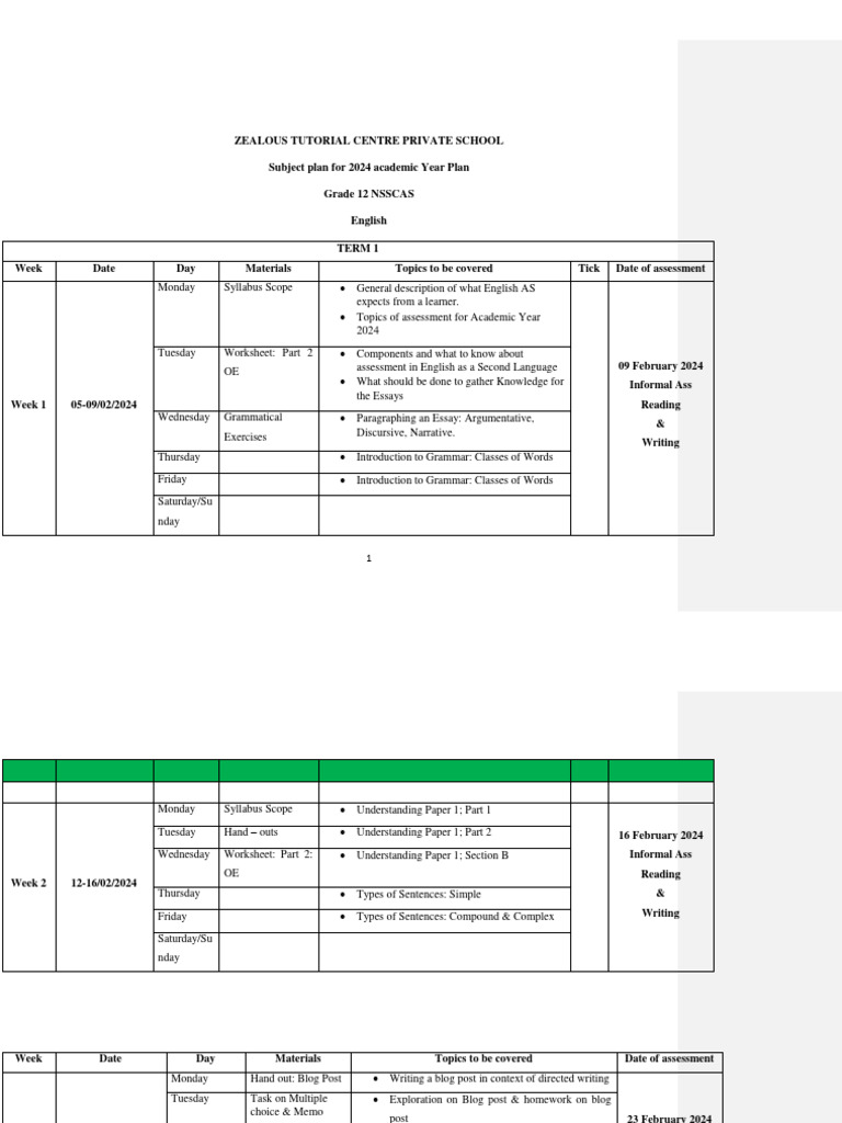 English AS Year Plan - 2024 | PDF | Essays | Multiple Choice