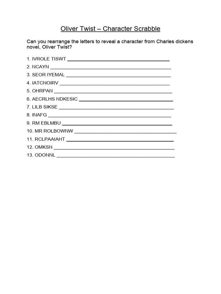 Oliver Twist Character Scramble | PDF
