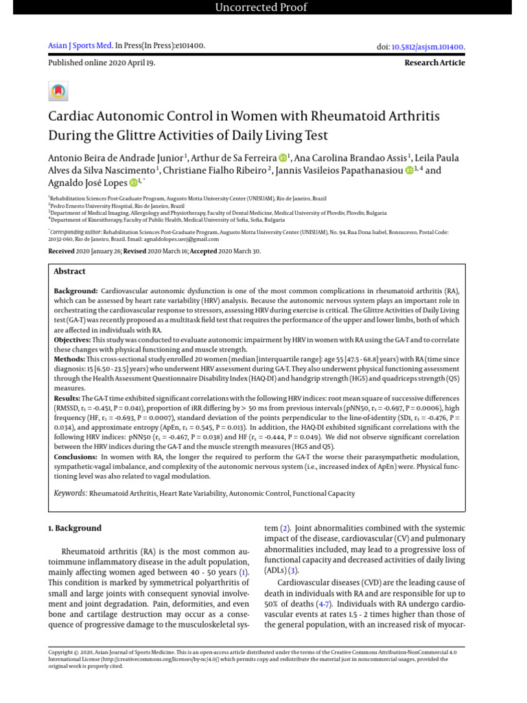 Cardiac Autonomic Control in Women With Rheumatoid Arthritis During The ...